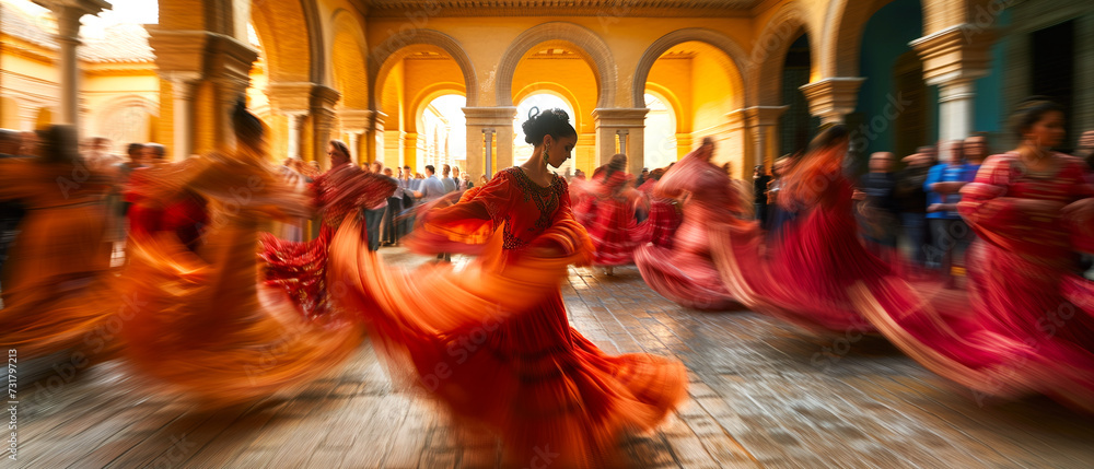 Beautiful Hispanic woman in red traditional dress dancing flamenco in ...