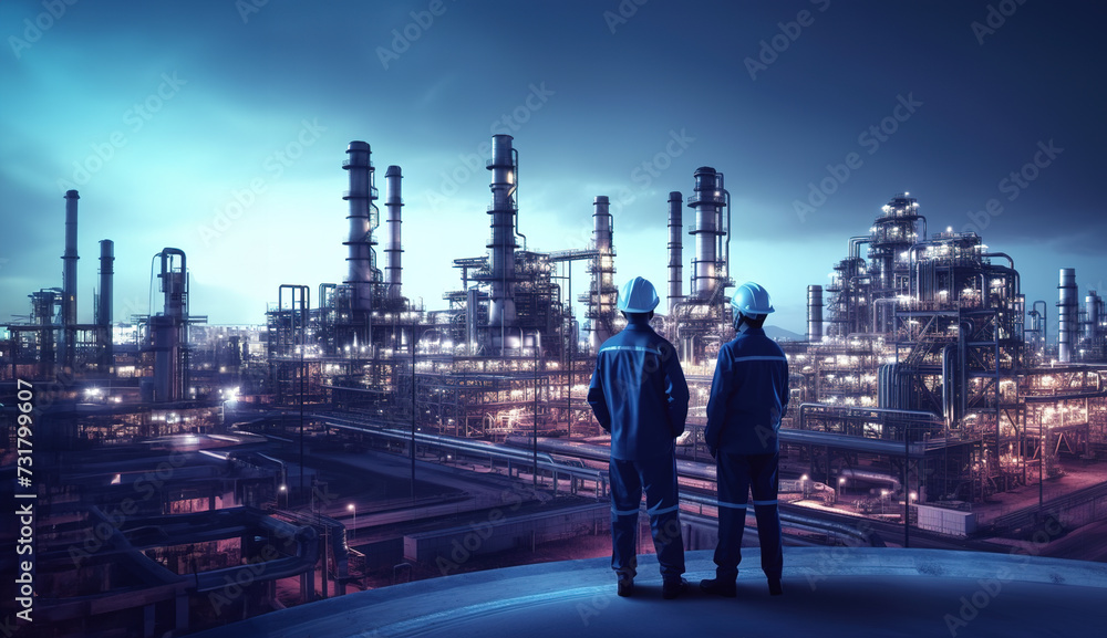 Two engineers wearing safety uniform and helmet standing in front of ...
