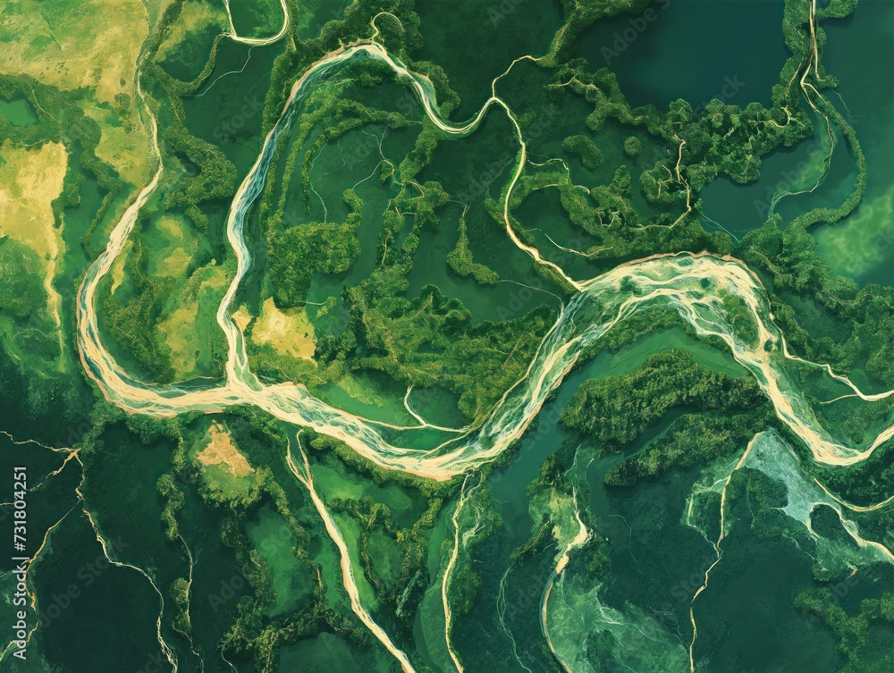 Top-down view of winding rivers and streams through a scenic valley ...