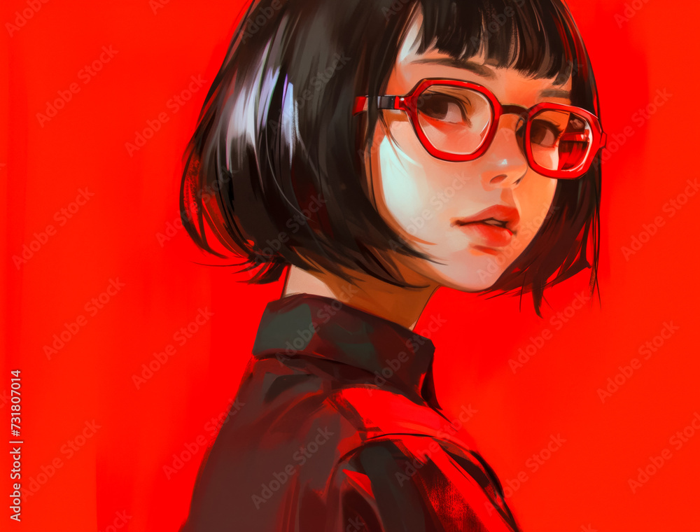 Anime girl with a serious expression on her face, turned around and ...