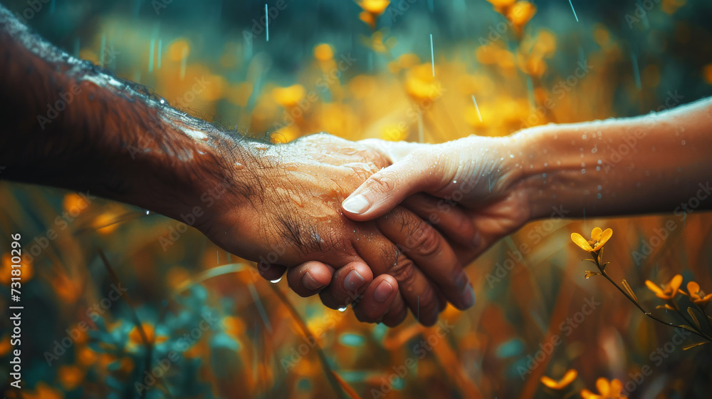 Trust in the Rain. Two hands clasping in a handshake amidst a rainy ...