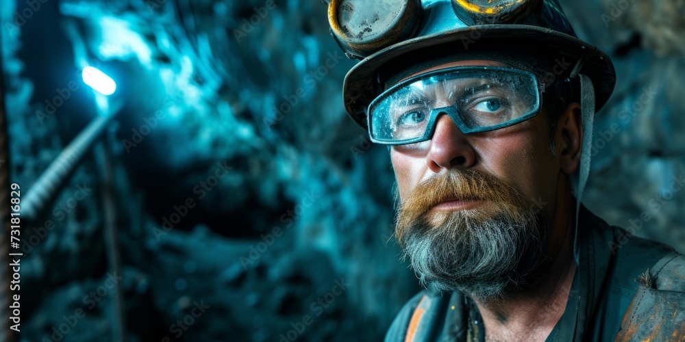Dirtyfaced Miner Wearing Helmet And Goggles Working In An Underground ...