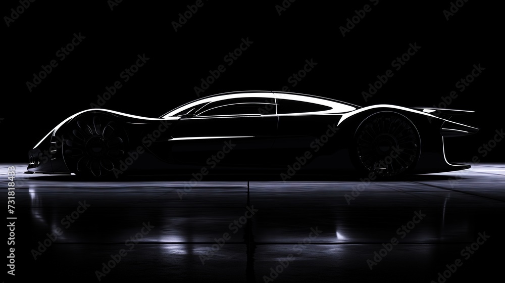 silhouette of an electric hypercar in matte black, with light coming ...