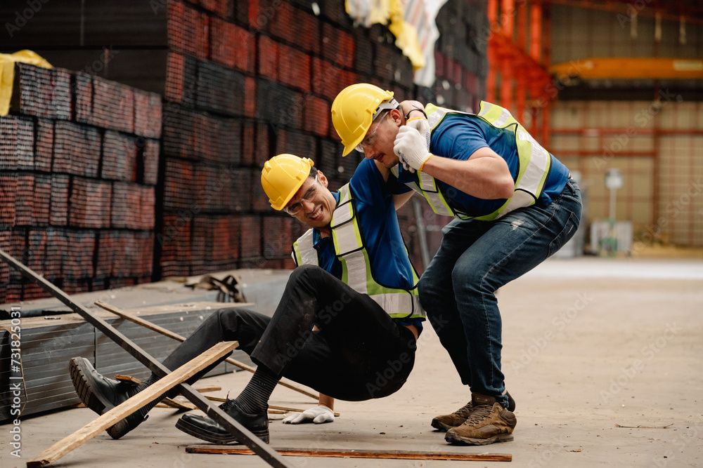 First aid support accident at work of construction worker at the site ...
