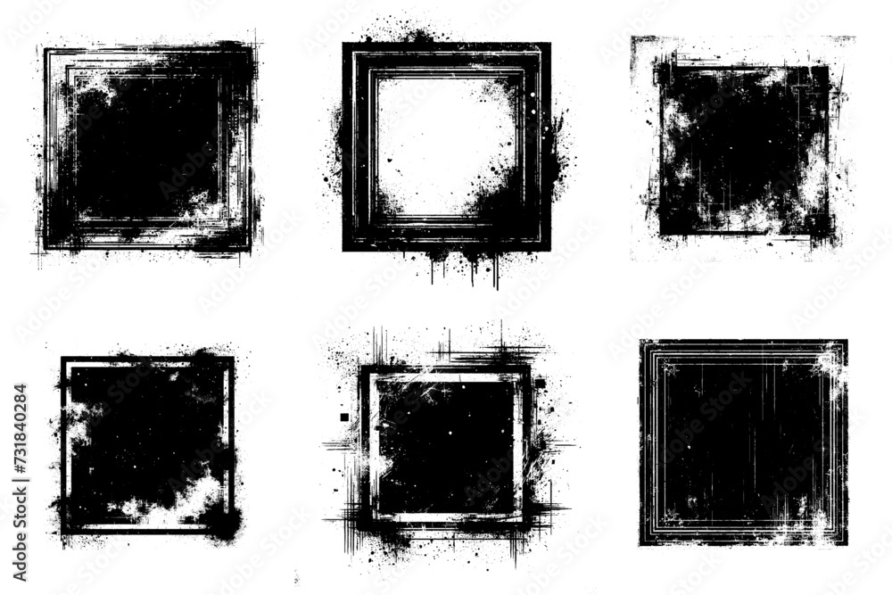 Set of 6 black Distressed frames. grunge scatter rough overlay textures ...