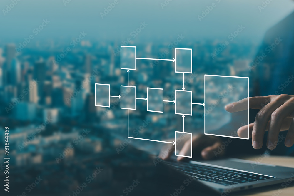 businessman using computer show diagram algorithm flow Business process organigram, hierarchy ...