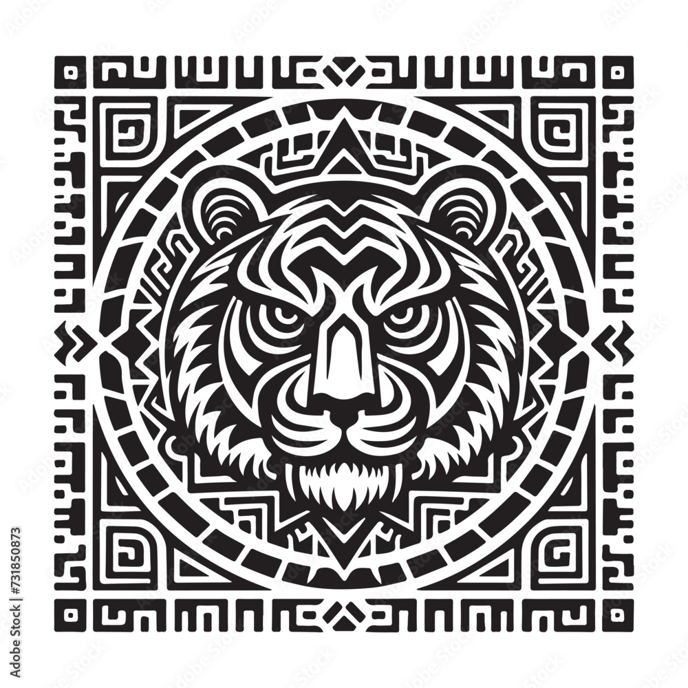 ancient tribal tiger face with style maya tribe art with pattern line ...