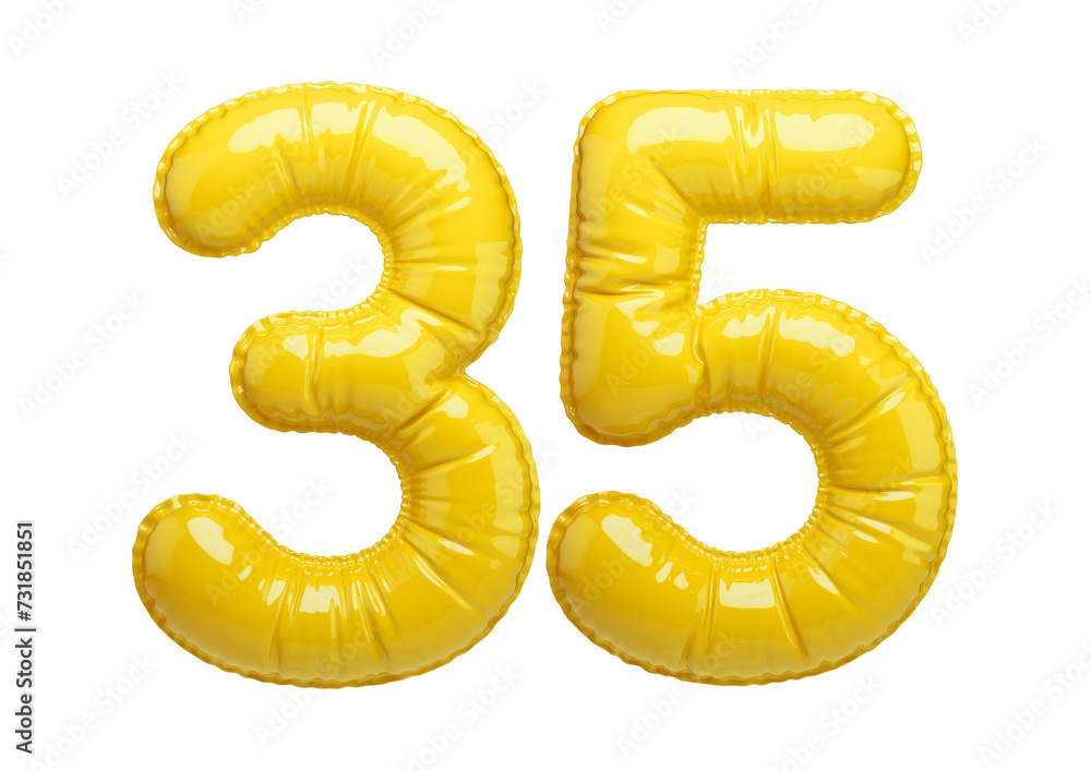 35. Glossy inflatable balloon with the number thirty-five. Yellow ...