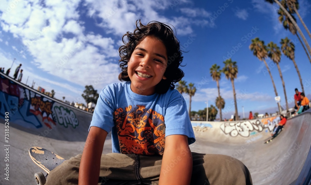 Happy hispanic skater kid boy in a skate park wearing cool, retro ...