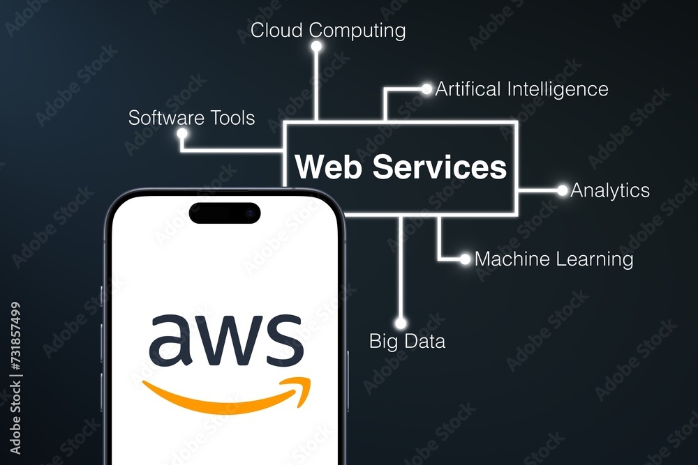 AWS Logo shown on a modern smartphone and concept in front of a dark ...