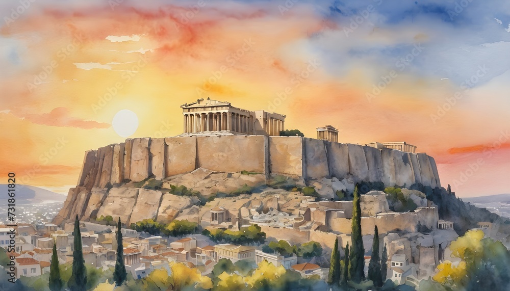 Watercolor Painting of the Acropolis of Athens - its ancient ruins ...