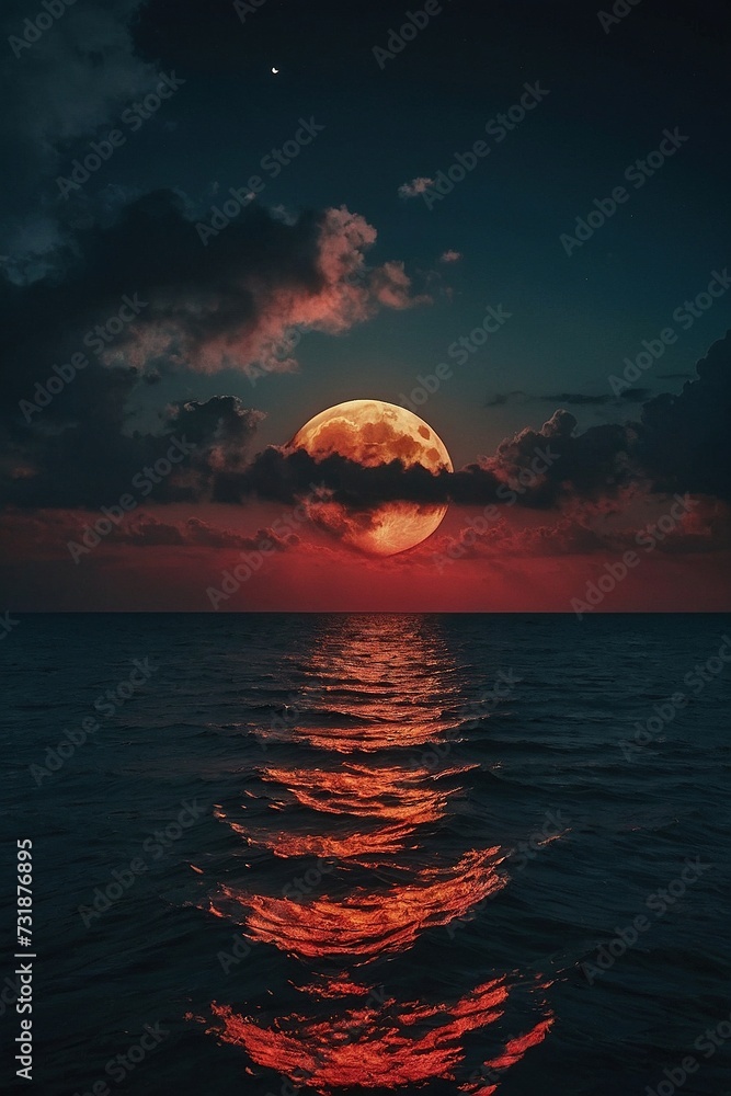 Red Moon Beach Scene: HD Wallpaper of Red Ocean Stock Photo | Adobe Stock