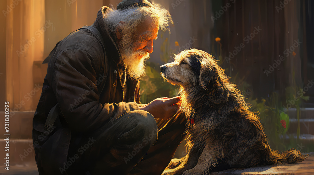 Old homeless man shows the special companionship with his dog ...