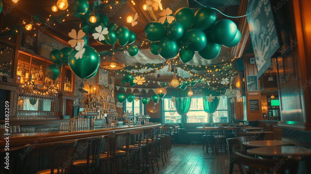 Traditional Irish pub interior decorated for St. Patrick's Day, with ...