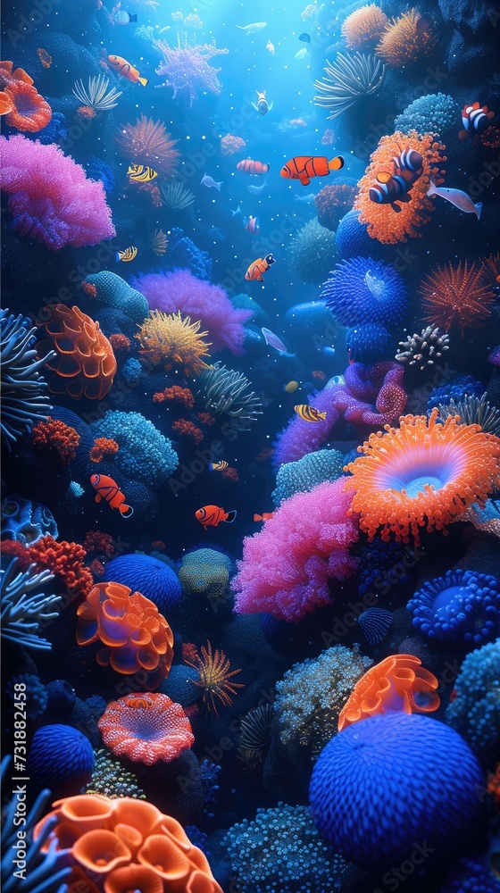 The fish are colorful and coral reefs, dark navy and light magenta ...