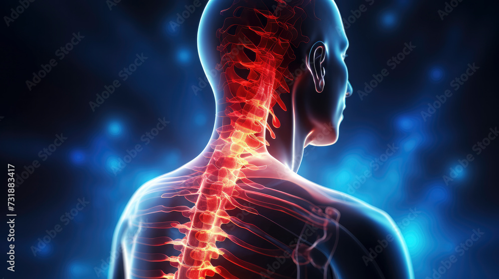 Neck Pain: Glowing illustration of the human spine with pain radiating ...