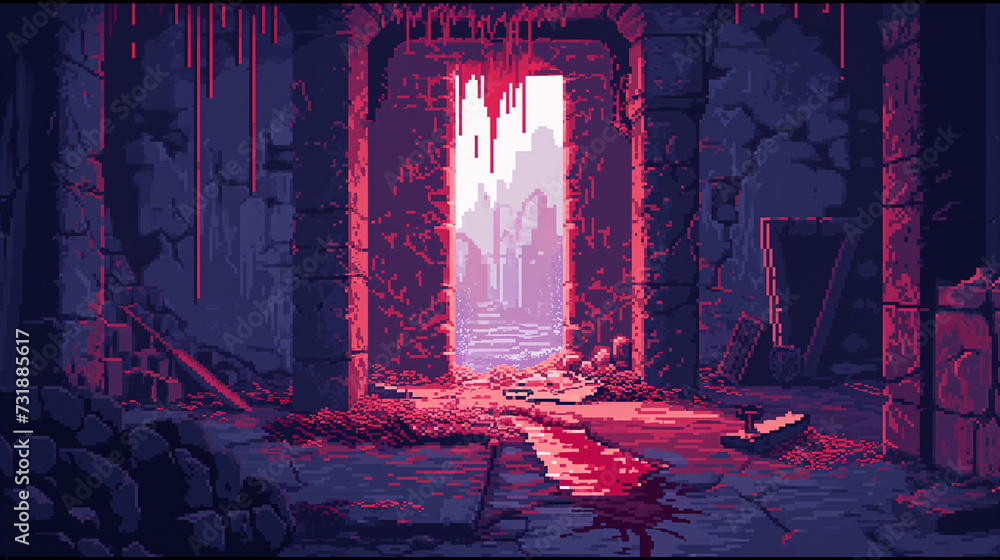 pixel art of bloody dungeon background battle scene in RPG old school ...
