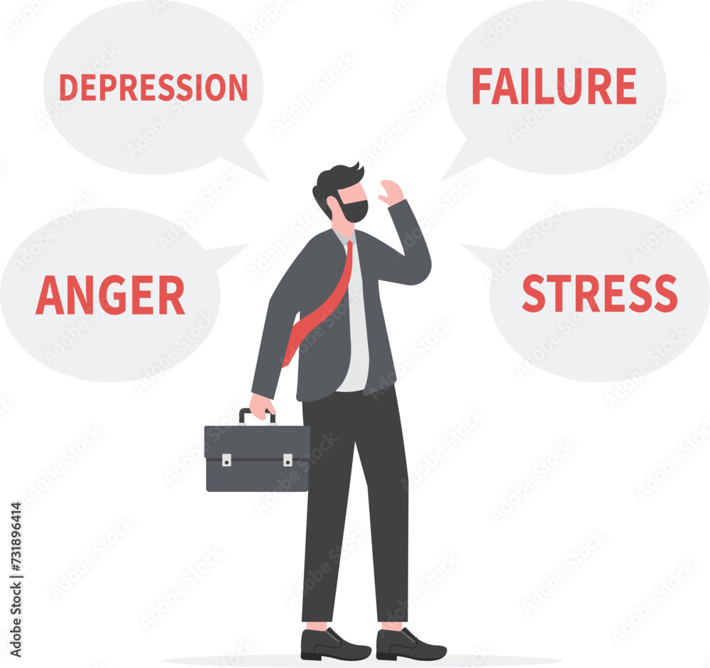 Sad business man overburdened by stress, depression, anger, failure ...