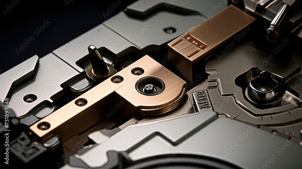 close up of view of Mechanical precision background: Steel machined ...