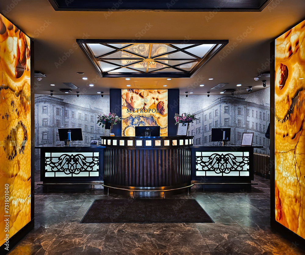LATVIA, RIGA, 10, FEBRUARY, 2024: Modern interior with amber panels in ...