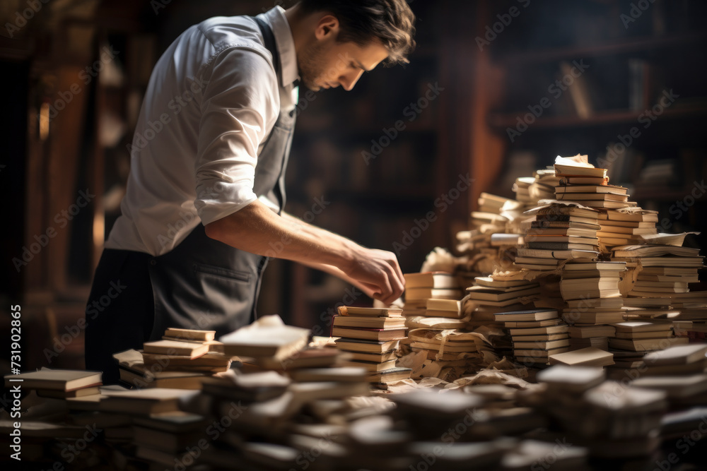 Book seller arranging a stack of freshly printed books, capturing the ...