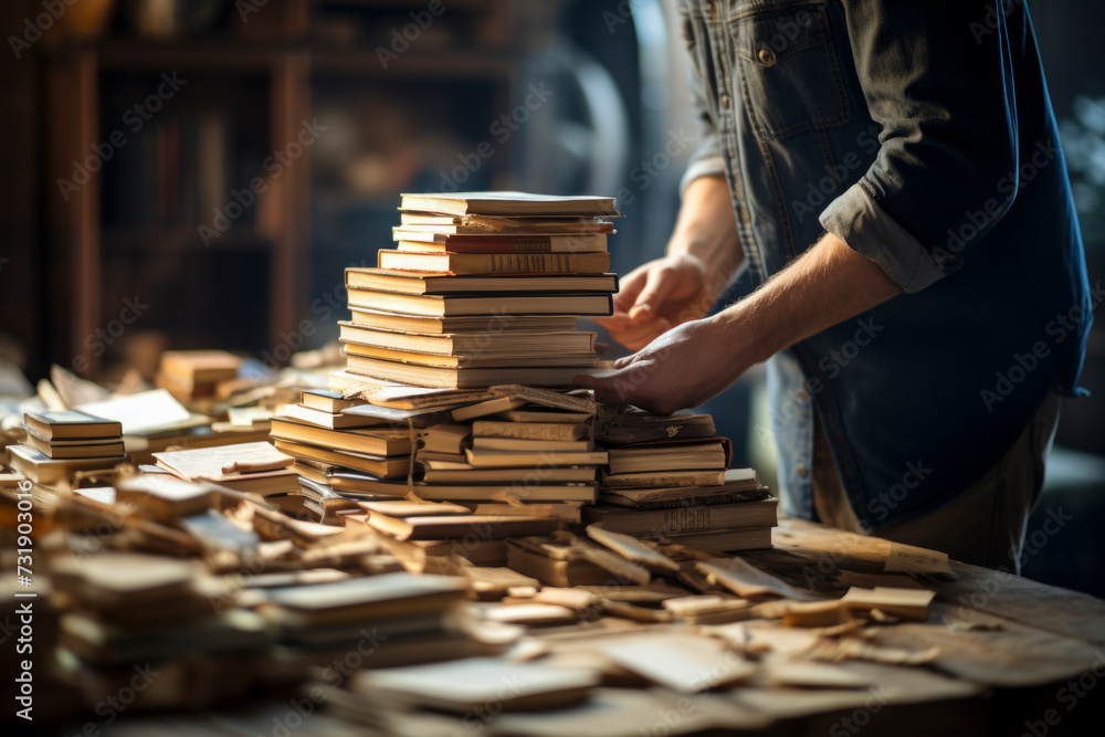 Book seller arranging a stack of freshly printed books, capturing the ...
