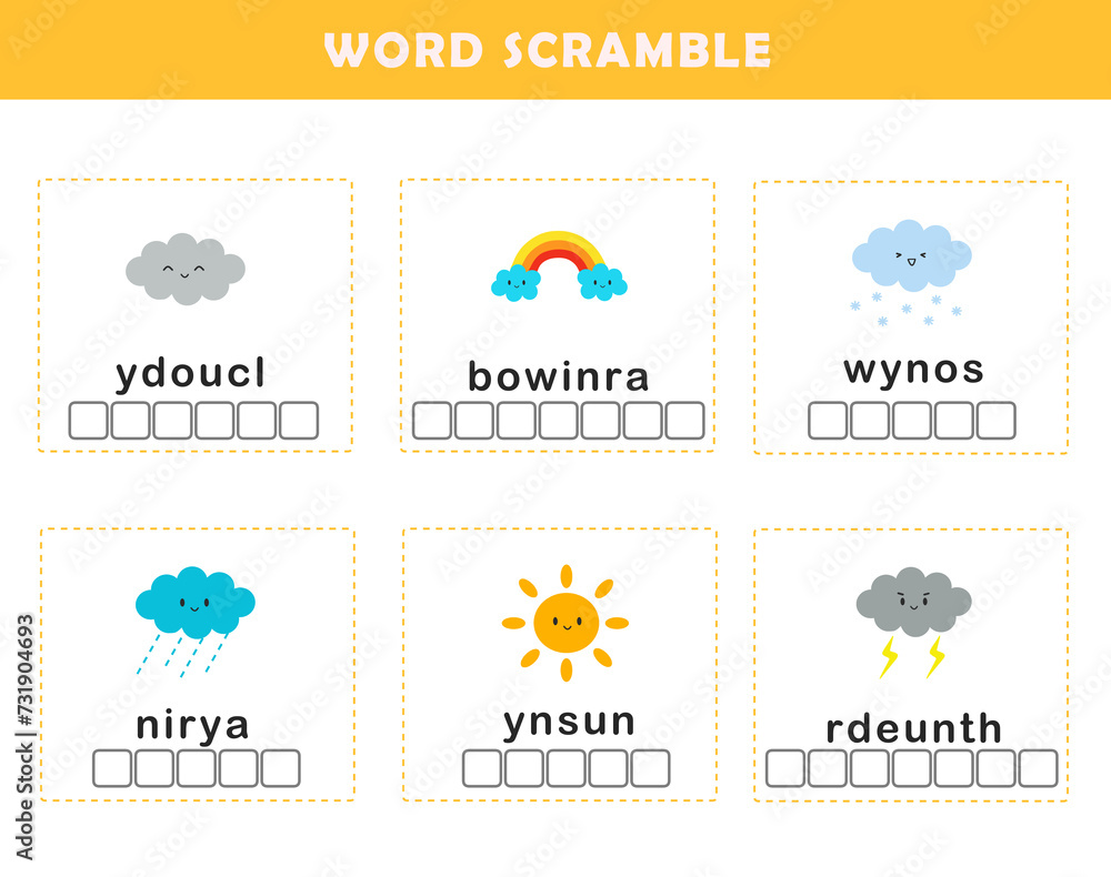 Weather word scramble for kids. Fun spelling practice worksheet ...