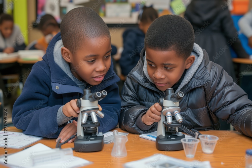 Two young African students engage with microscopes, exploring specimens ...