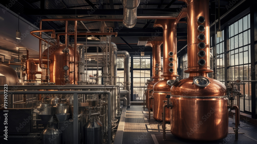 traditional distillery, capturing the essence of copper stills, and a ...