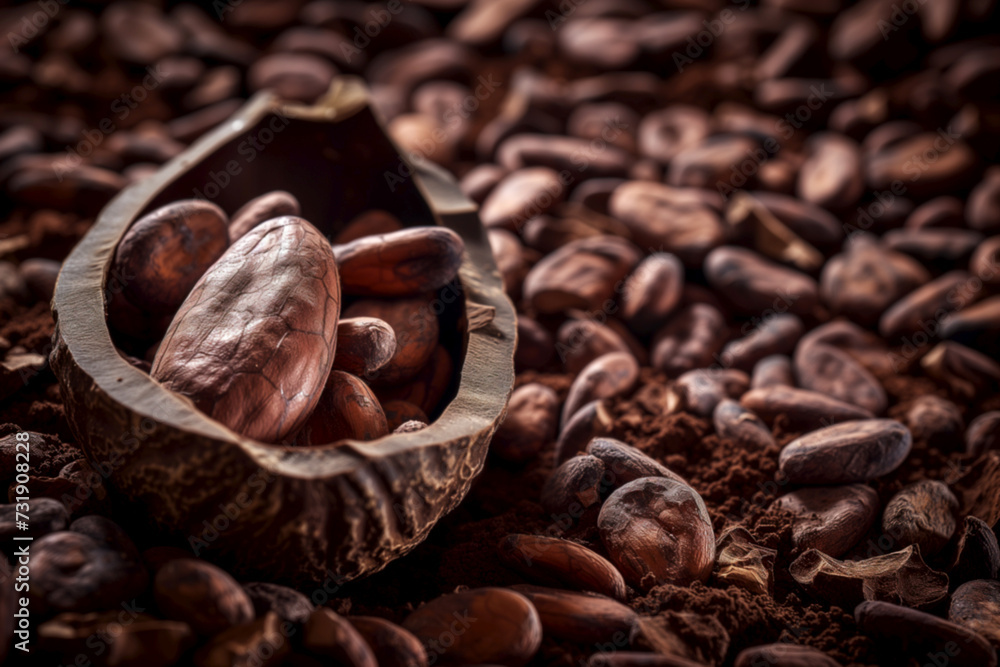 Chocolate cocoa beans and powder in a cocoa shell. Cacao beans and ...