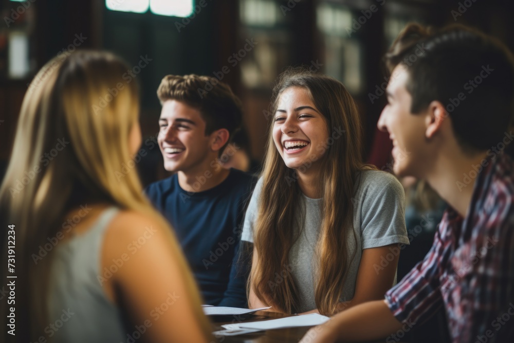 Smiling high school students talking during class Stock Photo | Adobe Stock