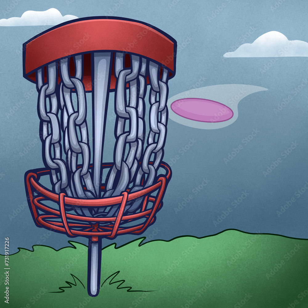 Disc Golf Disc Flying through the sky about to land in the Chains Stock ...