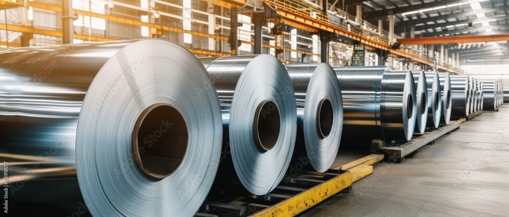 Rows of massive steel coils in an industrial warehouse, showcasing the ...