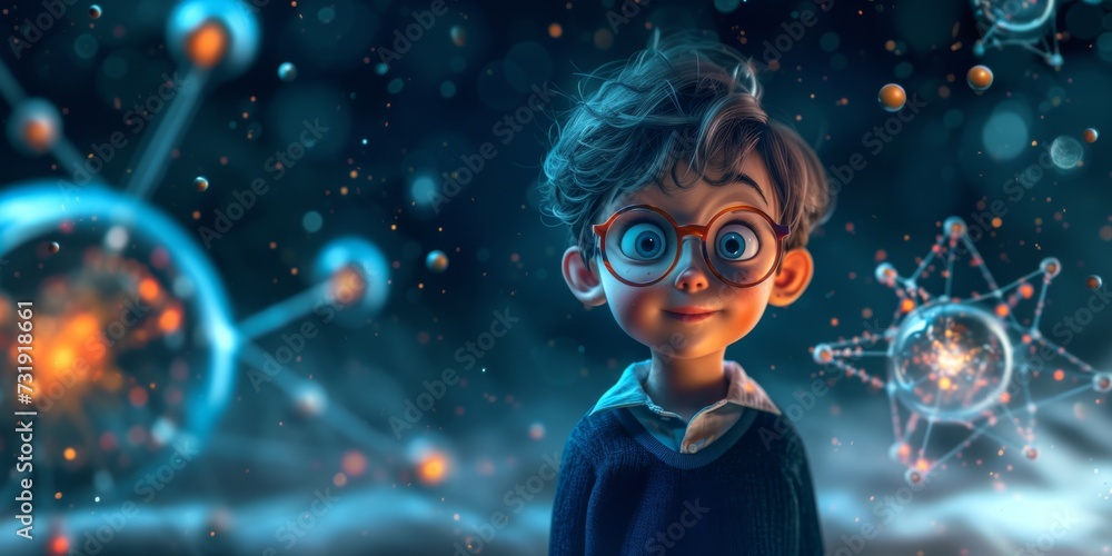 Cartoon Boy Explores The Wonders Of Physics And The Power Of Atoms ...