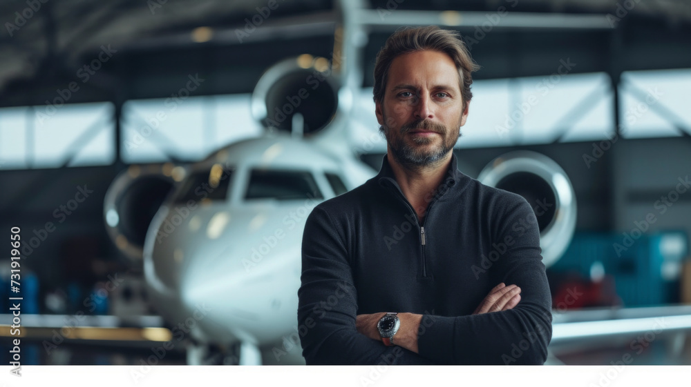 Extreme wealth. A proud owner basks in the luxury of a private jet ...