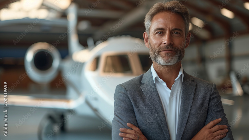 Extreme wealth. A proud owner basks in the luxury of a private jet ...