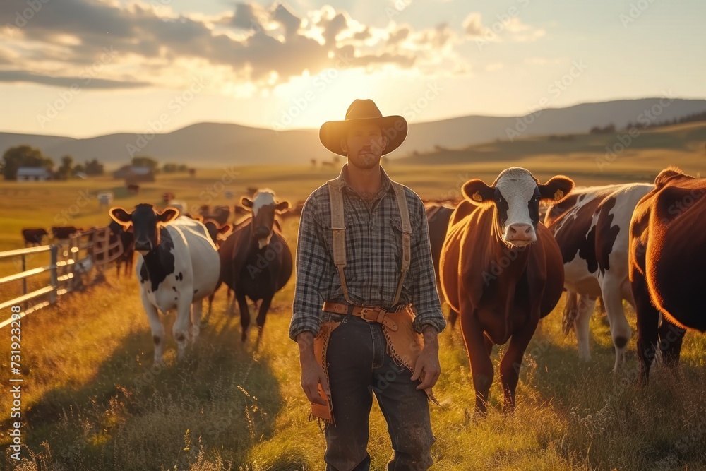 Farm, black man and happy, cow and agriculture for livestock ...