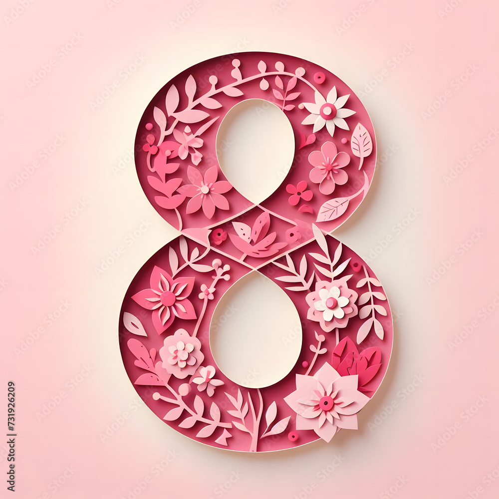 Number 8 paper cut design Illustration, Pink Floral design, Isolated on ...