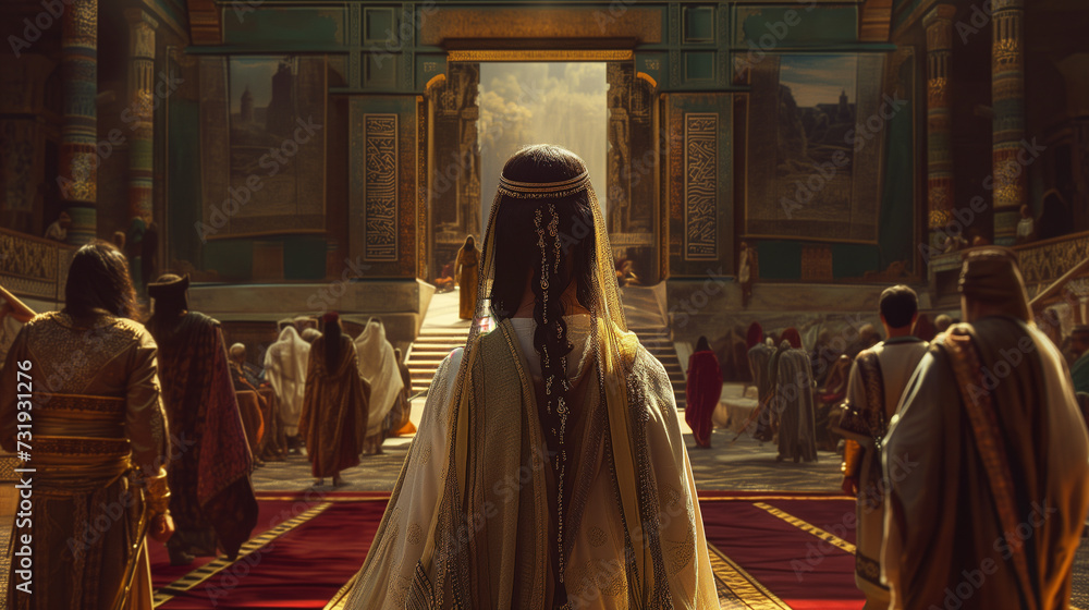 Queen Esther, Jewish woman, walking down hallway, ancient times Stock ...