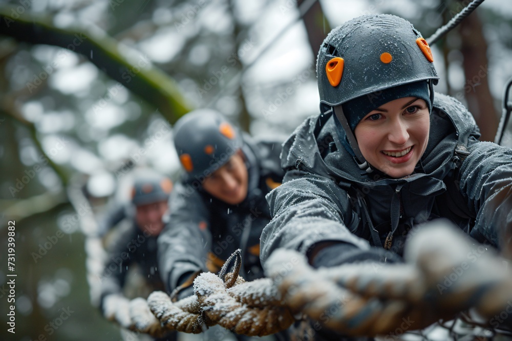 Participating in an outdoor adventure challenge, coworkers exhibit ...