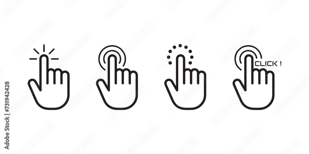Click here icon set in line style. Hand click, Hand clicking, finger, Touch screen, pointer ...