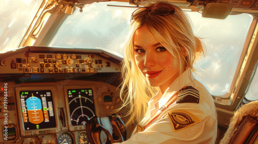 Female Pilot in Aircraft Cockpit. Confident female pilot at the ...
