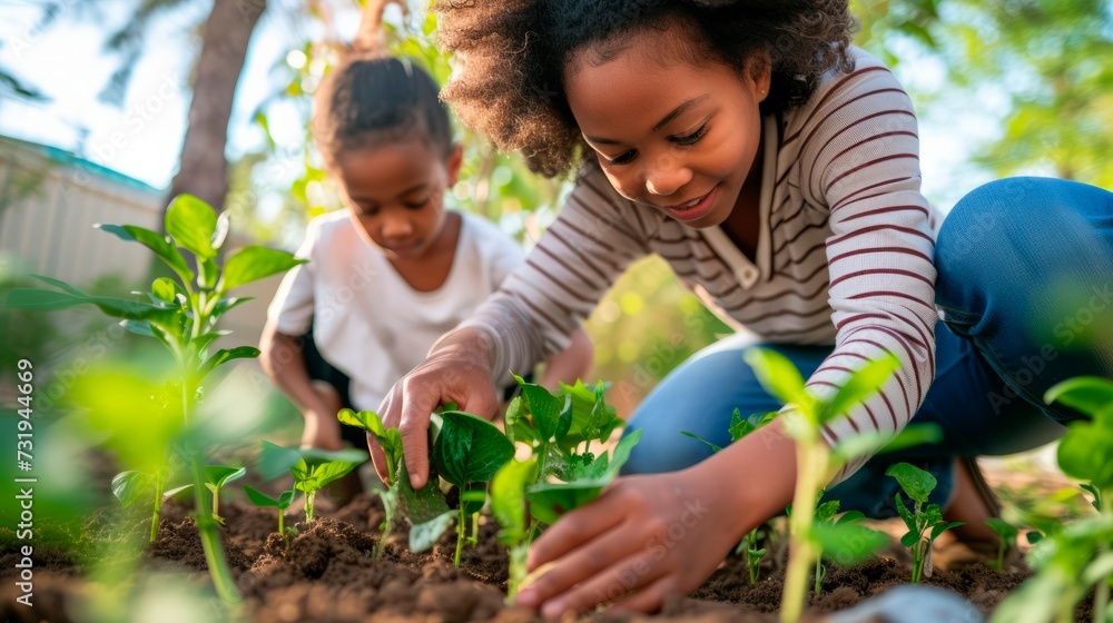 two kids weeding in the garden together,, horizontal background. Earth ...