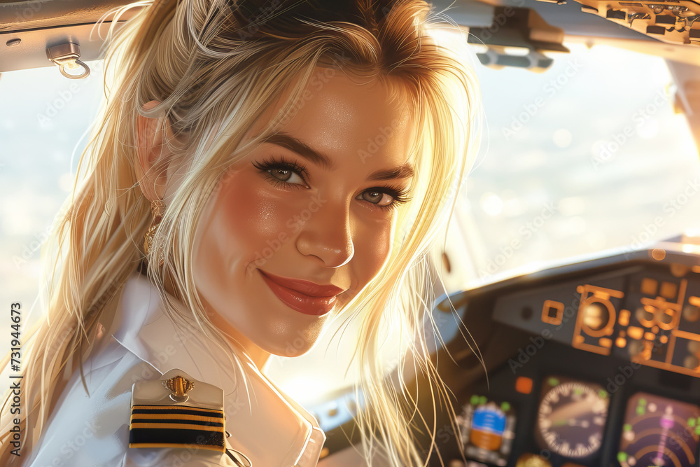 Friendly Female Pilot in Cockpit. Female pilot with a friendly smile in an airplane cockpit ...