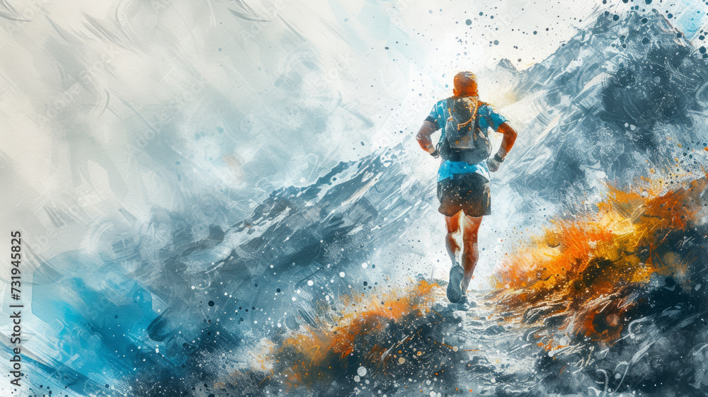 Watercolour style, illustration of a trail runner conquering rugged ...