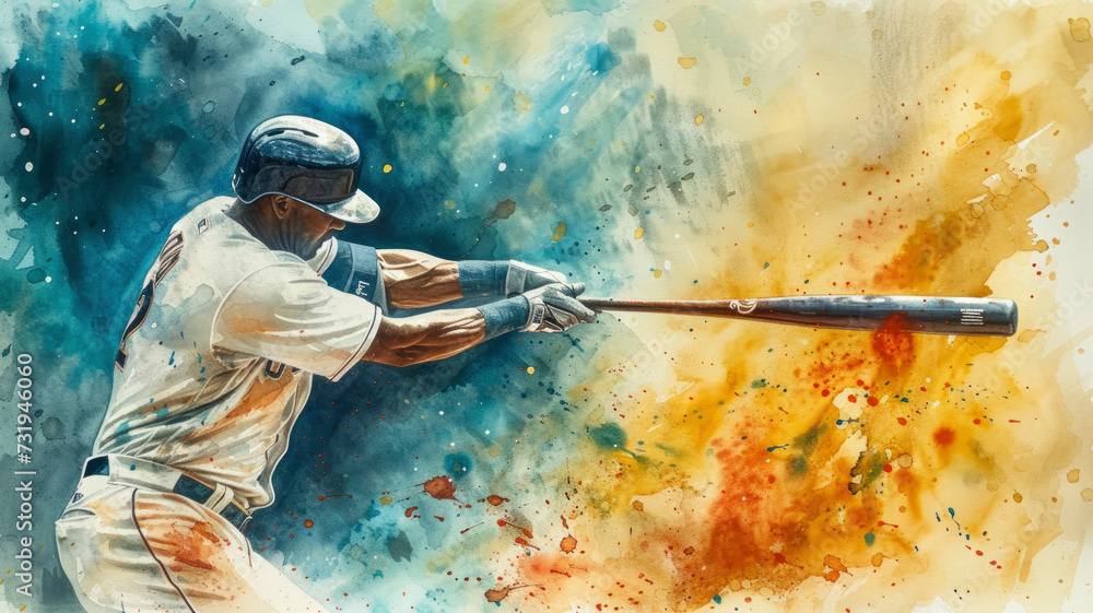 Watercolour, style, illustration of baseball batter capturing the ...