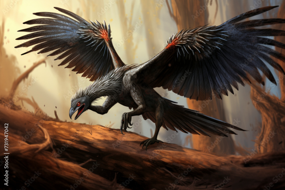 Imaginative rendering of Microraptor, a small, feathered dinosaur with ...