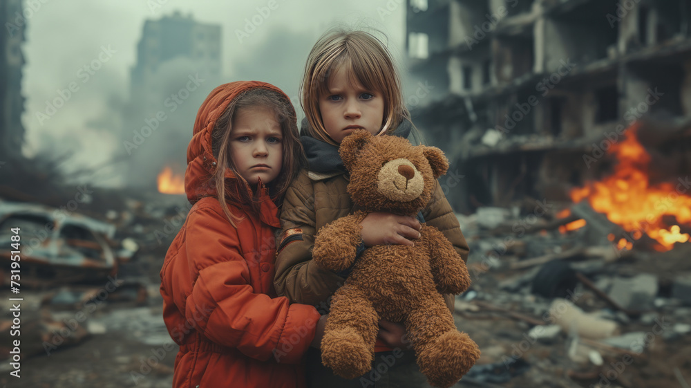 Desperate Poor Afraid Child boy and girl crying Standing holding Old ...