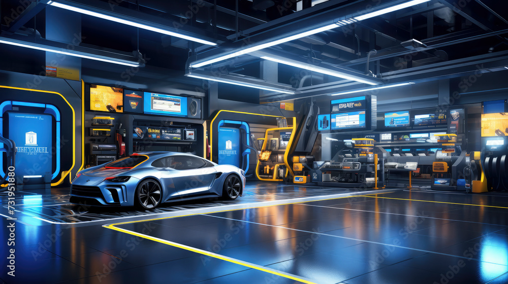 Inside a high-tech car repair garage, sleek machinery, robotic ...