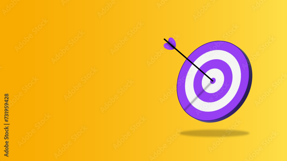 3d purple target with arrow hit center on yellow background. Business ...